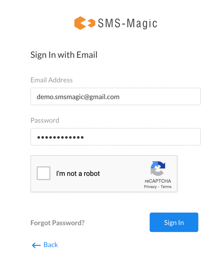 Sign In Using Email - SMS-Magic Web Portal