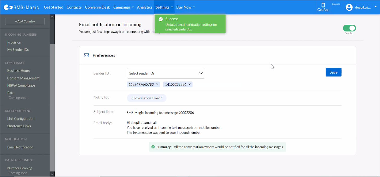 Email Notification on Inbound Messages - SMS-Magic Web Portal
