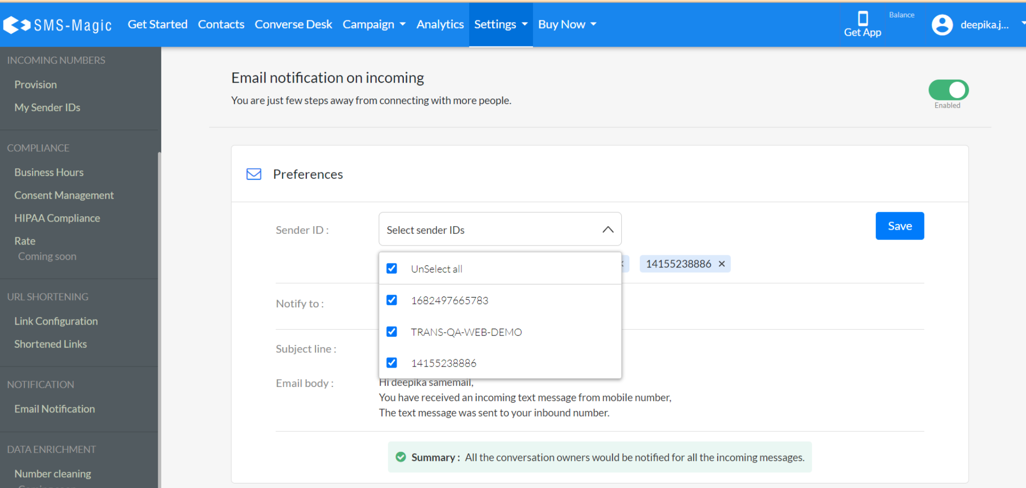 Email Notification on Inbound Messages - SMS-Magic Web Portal