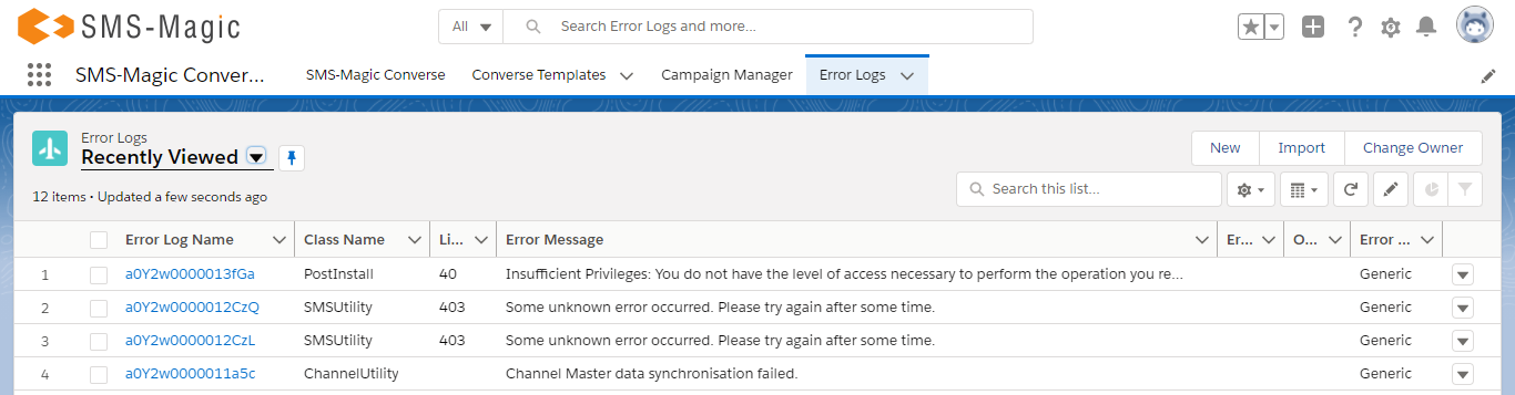 Accessing Error logs - SMS-Magic Salesforce Documentation