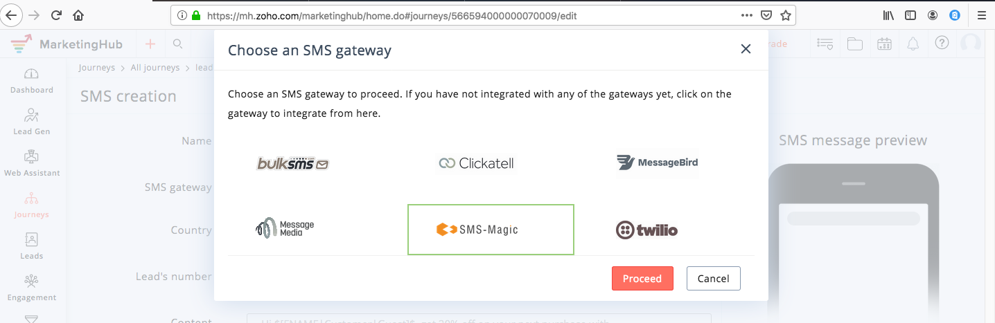 Send automated messages via Journey Builder - SMS-Magic Zoho Documentation