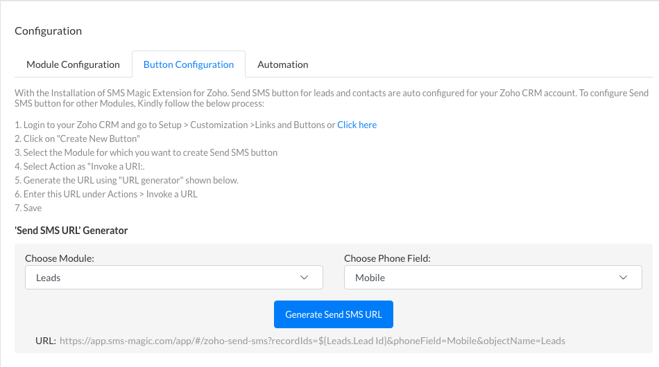 Configuring SMS-Magic with Zoho - SMS-Magic Zoho Documentation