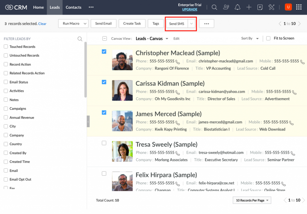 Send SMS - SMS-Magic Zoho Documentation