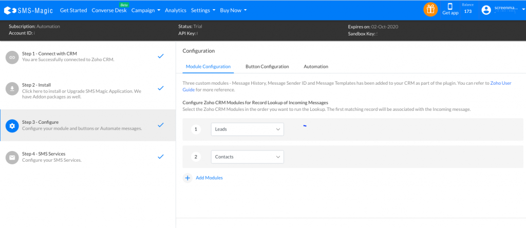 Module Configuration - SMS-Magic Zoho Documentation