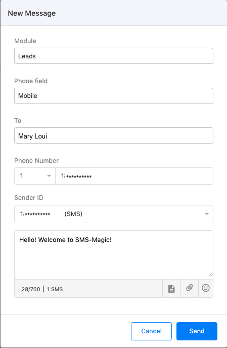 Initiate a New Conversation - SMS-Magic Zoho Documentation